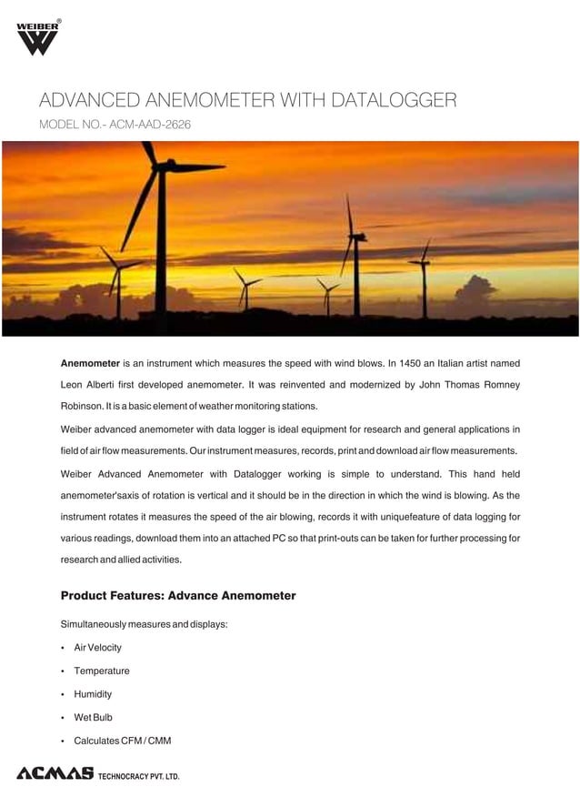 Advanced Anemometer With Datalogger by ACMAS Technologies Pvt Ltd. | PDF