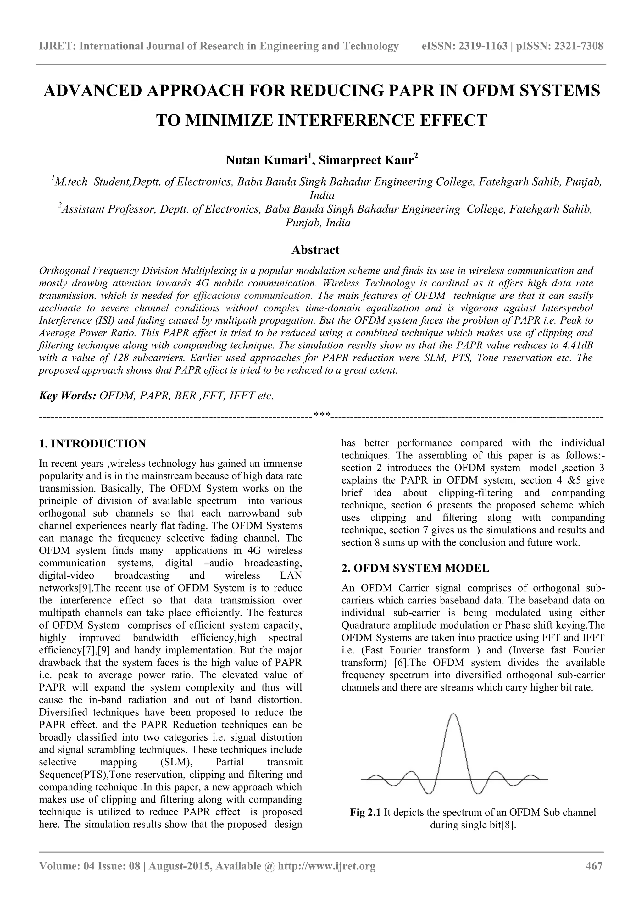 Advanced approach for reducing papr in ofdm systems to minimize interference effect | PDF ...