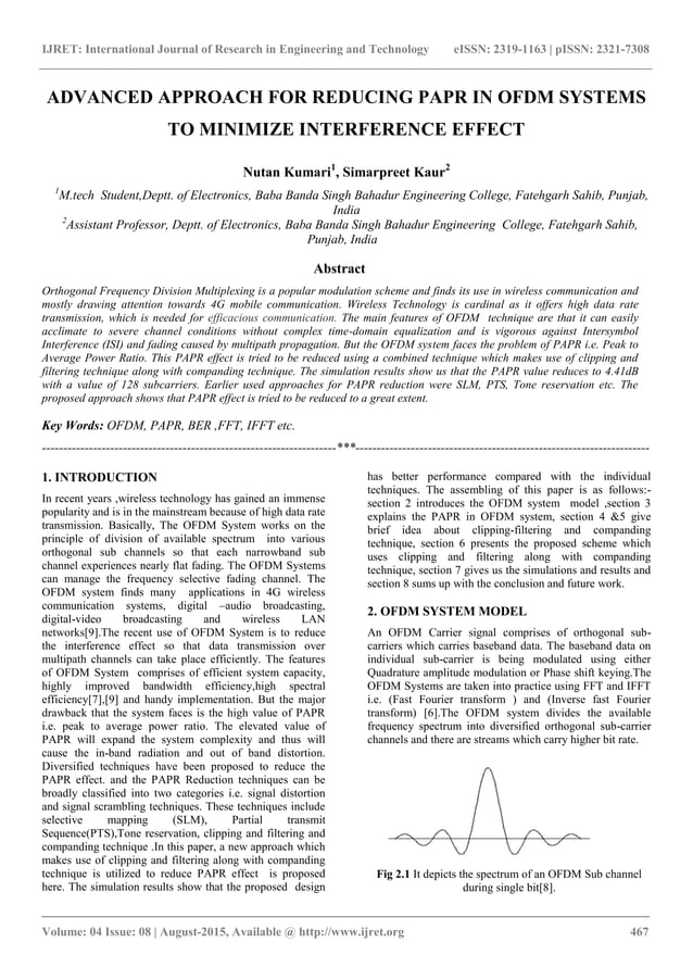 Advanced approach for reducing papr in ofdm systems to minimize interference effect | PDF