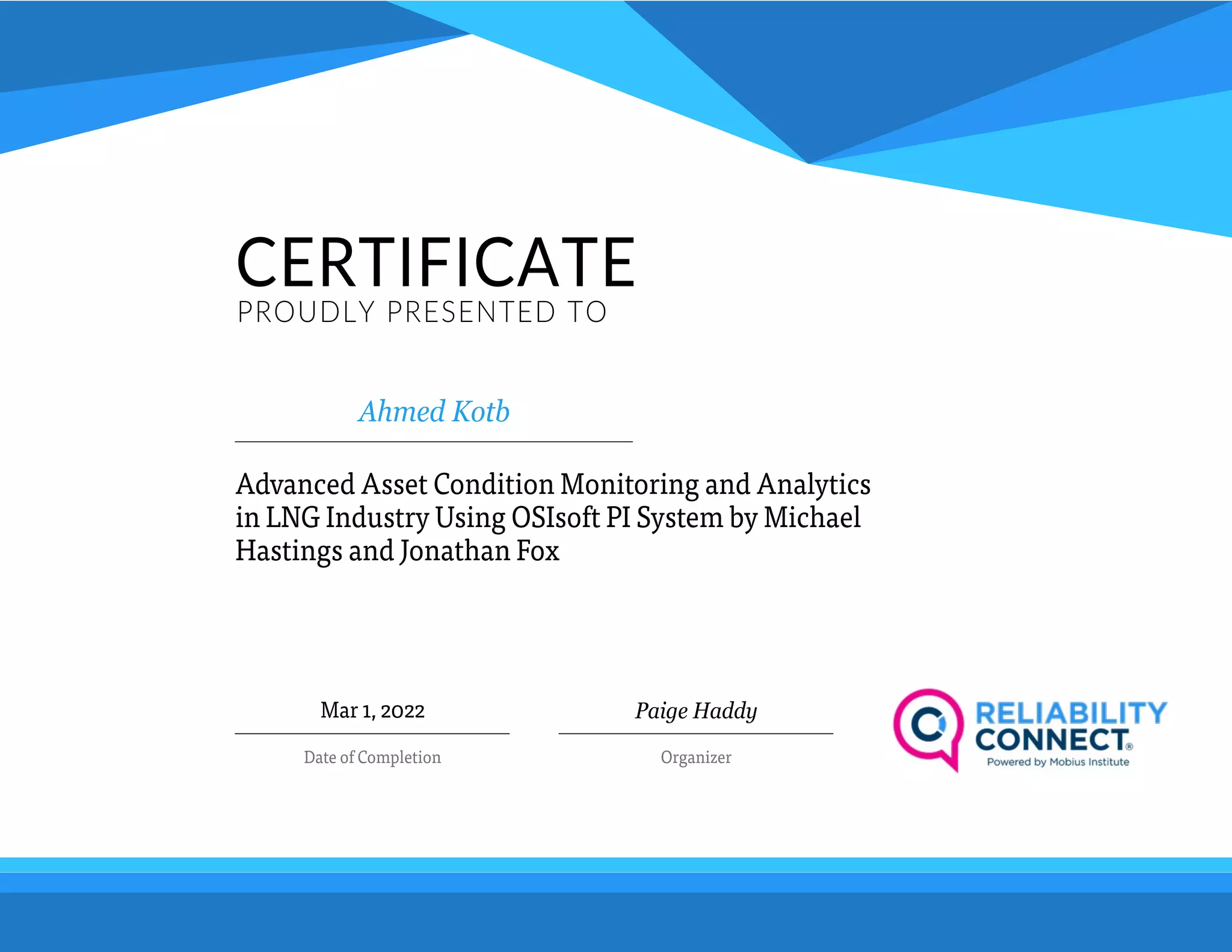 Certificate of attendance "Advanced asset condition monitoring and ...