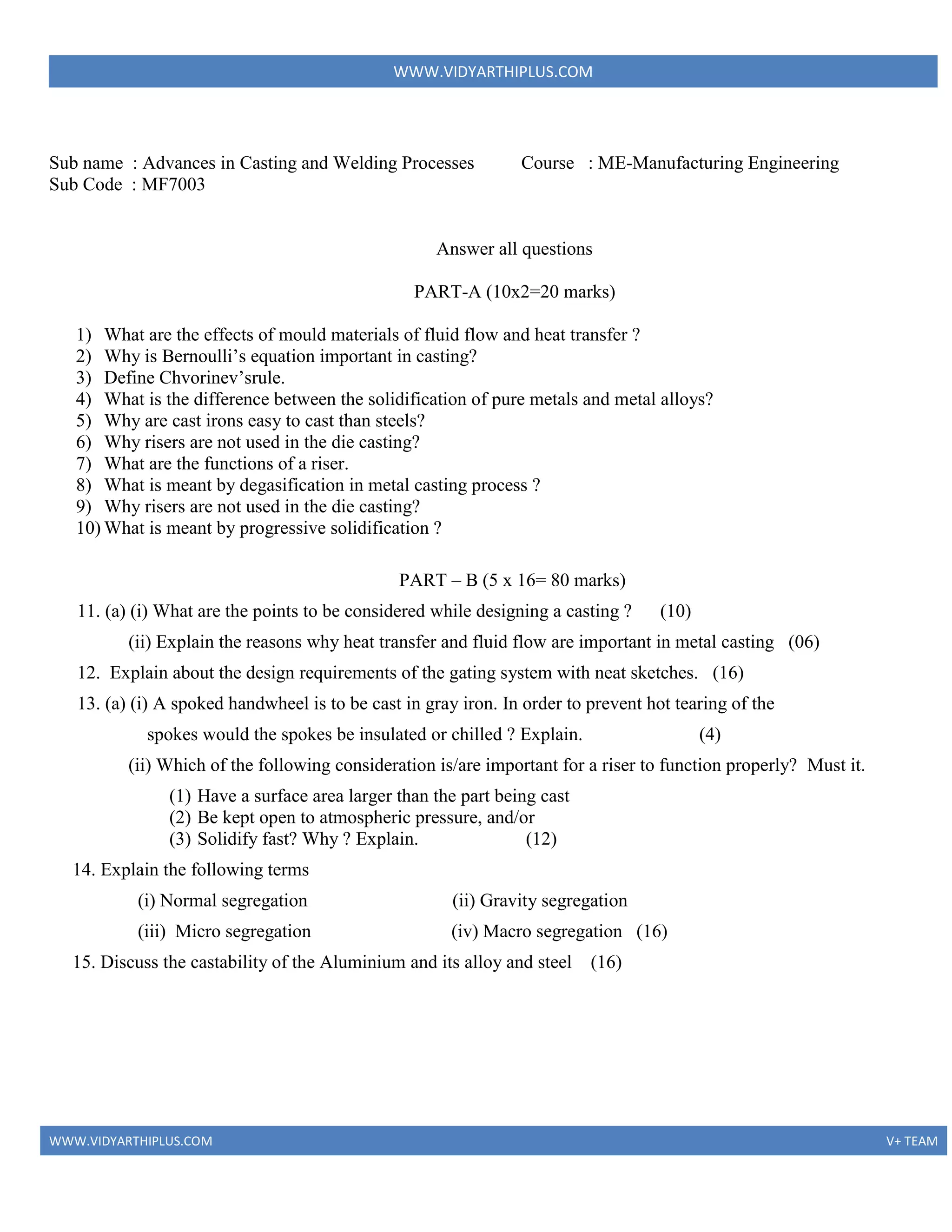 MF5103 Advanced casting and_welding previous year question paper | PDF