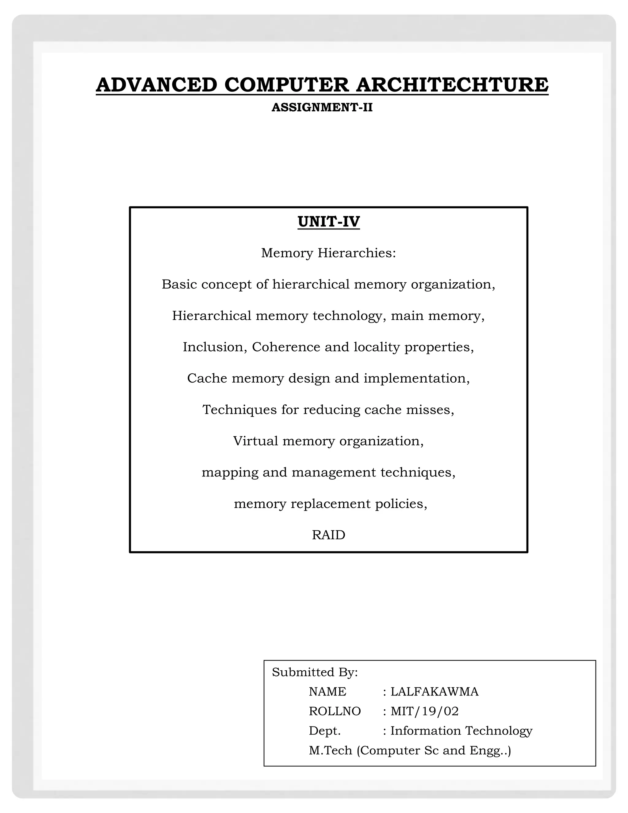 Advanced Computer Architechture Memory Hierarchies And Its Properties And Type Pdf