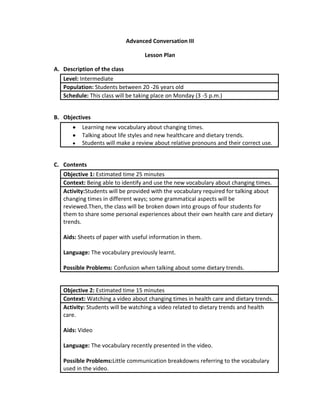 Advanced conversation iii lesson plan | DOCX
