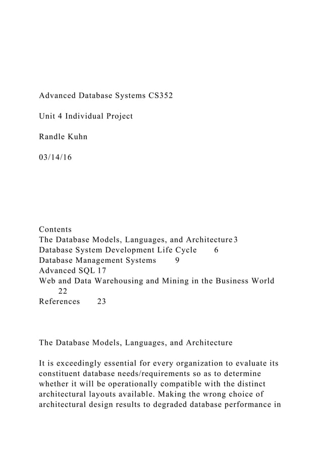 Advanced Database Systems CS352Unit 4 Individual Project.docx | Databases | Computer Software ...