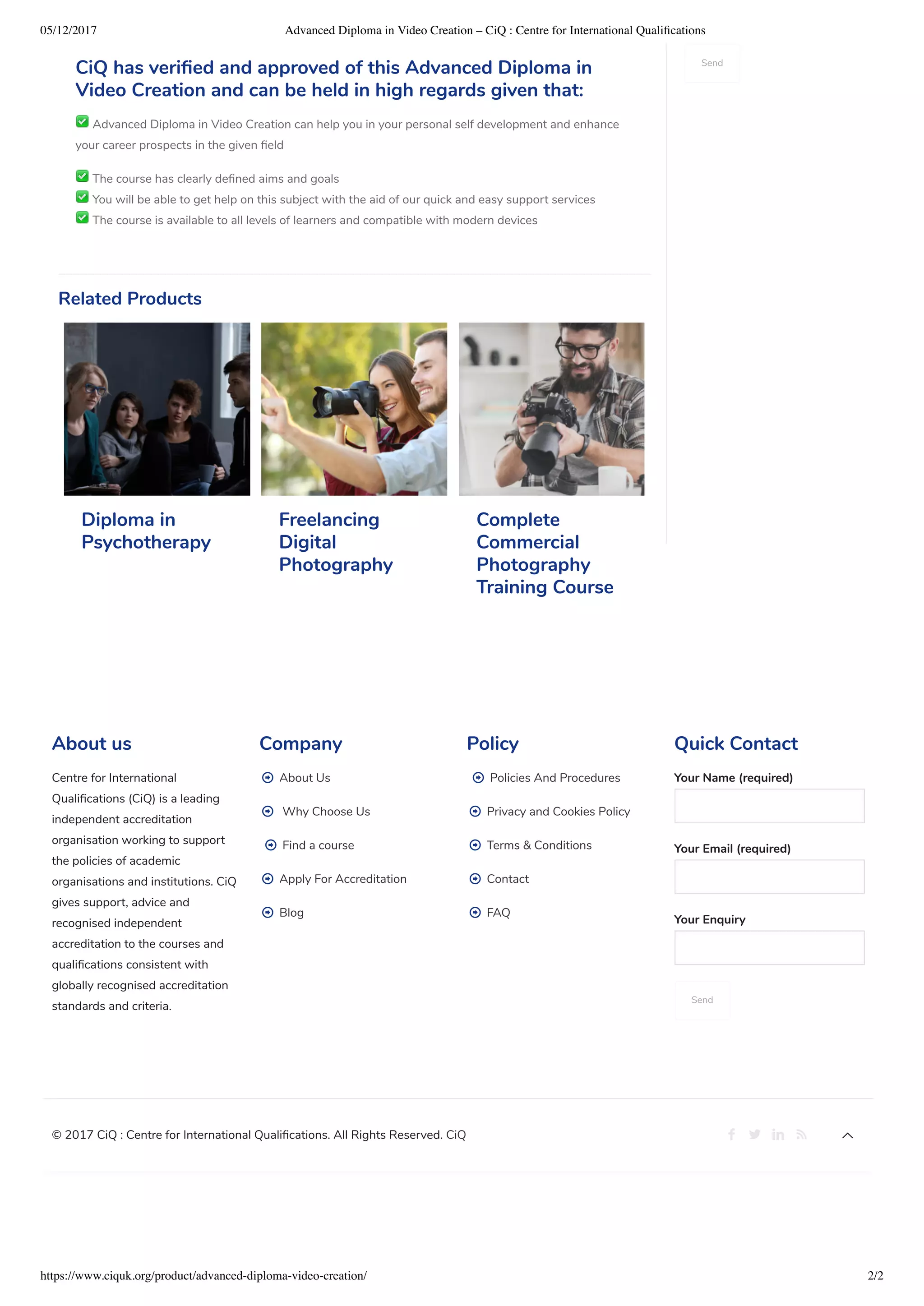 Advanced diploma in video creation – Centre for International Qualifications (CIQ) | PDF