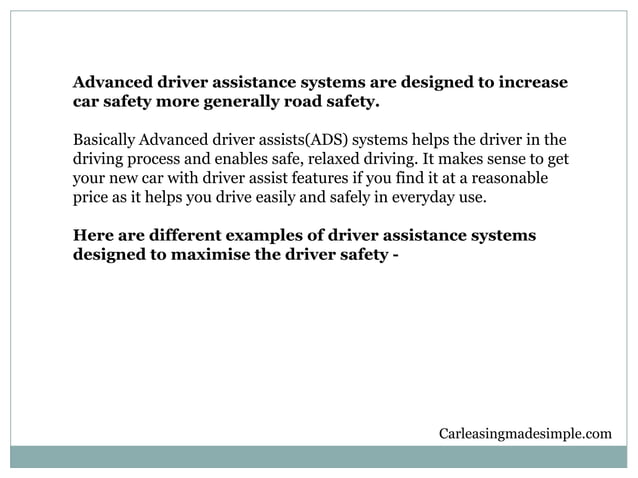 Advanced driver assistance systems | PPTX | Auto Safety Technologies ...