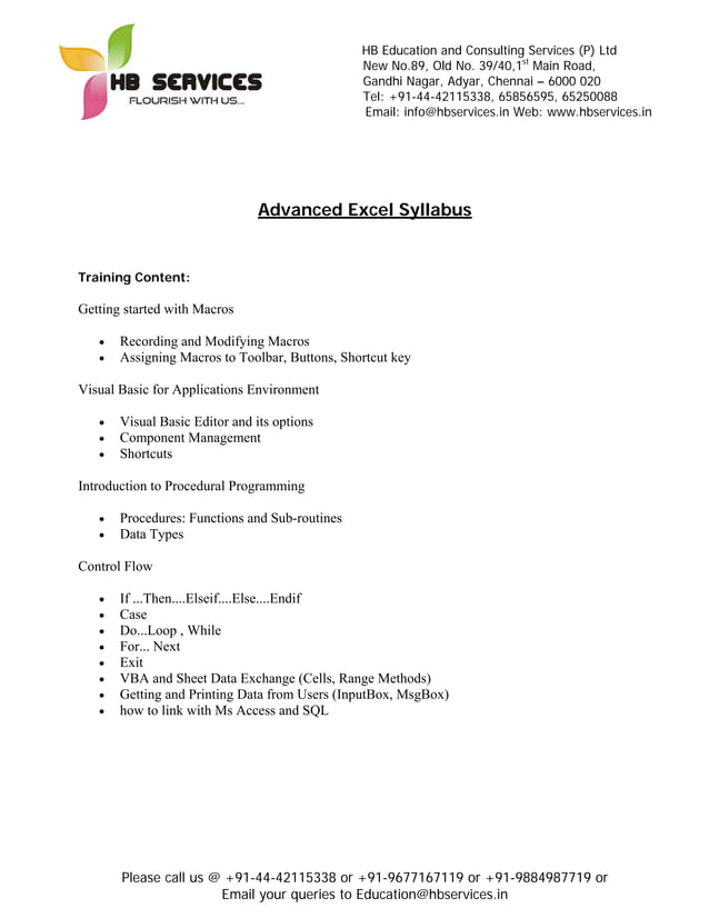 Advanced Excel Syllabus Pdf Computing Technology And Computing