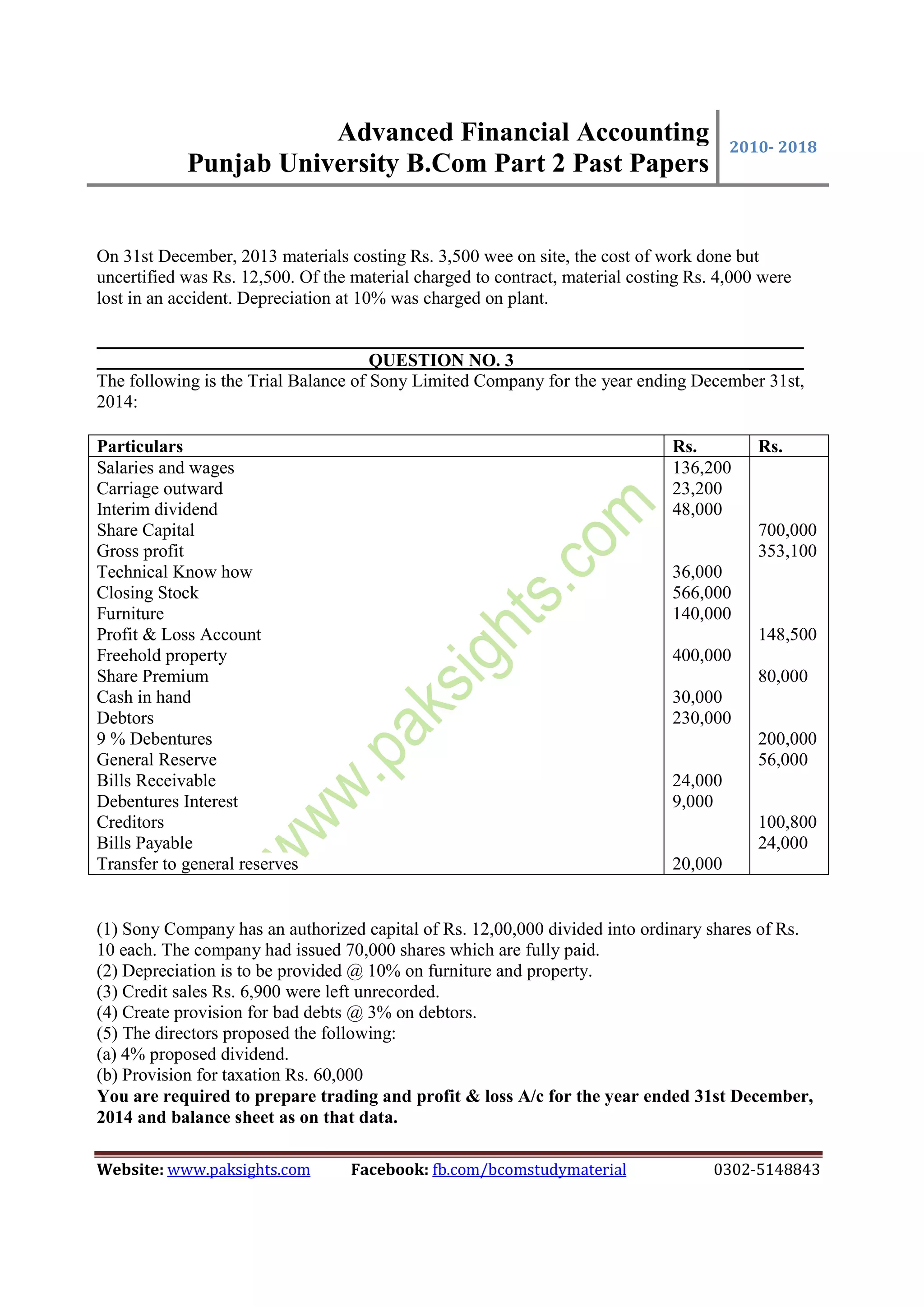 Advanced financial accounting past paper 2016 b.com part 2 punjab university | PDF | Business ...