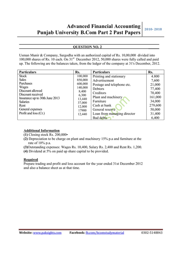 Advanced financial accounting past paper 2018 b.com part 2 punjab ...