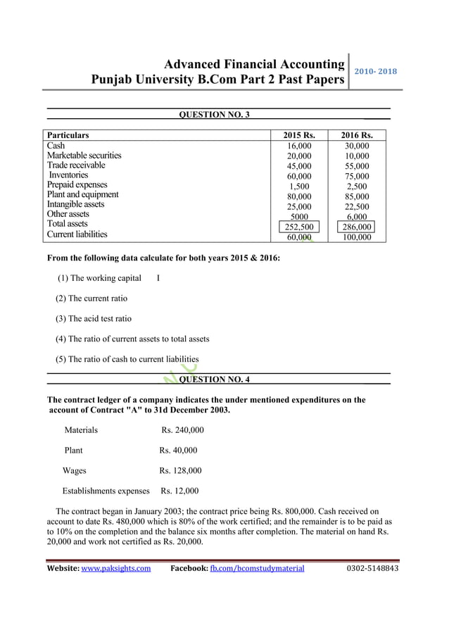 Advanced financial accounting past paper 2018 b.com part 2 punjab ...