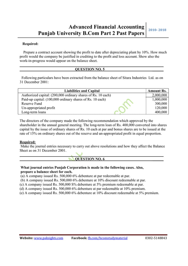 Advanced financial accounting past paper 2018 b.com part 2 punjab ...