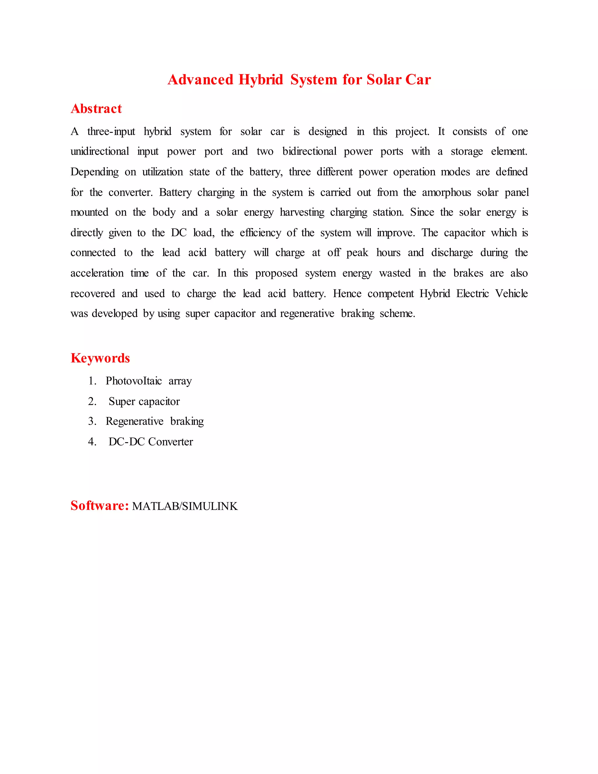 Advanced hybrid system for solar car | PDF