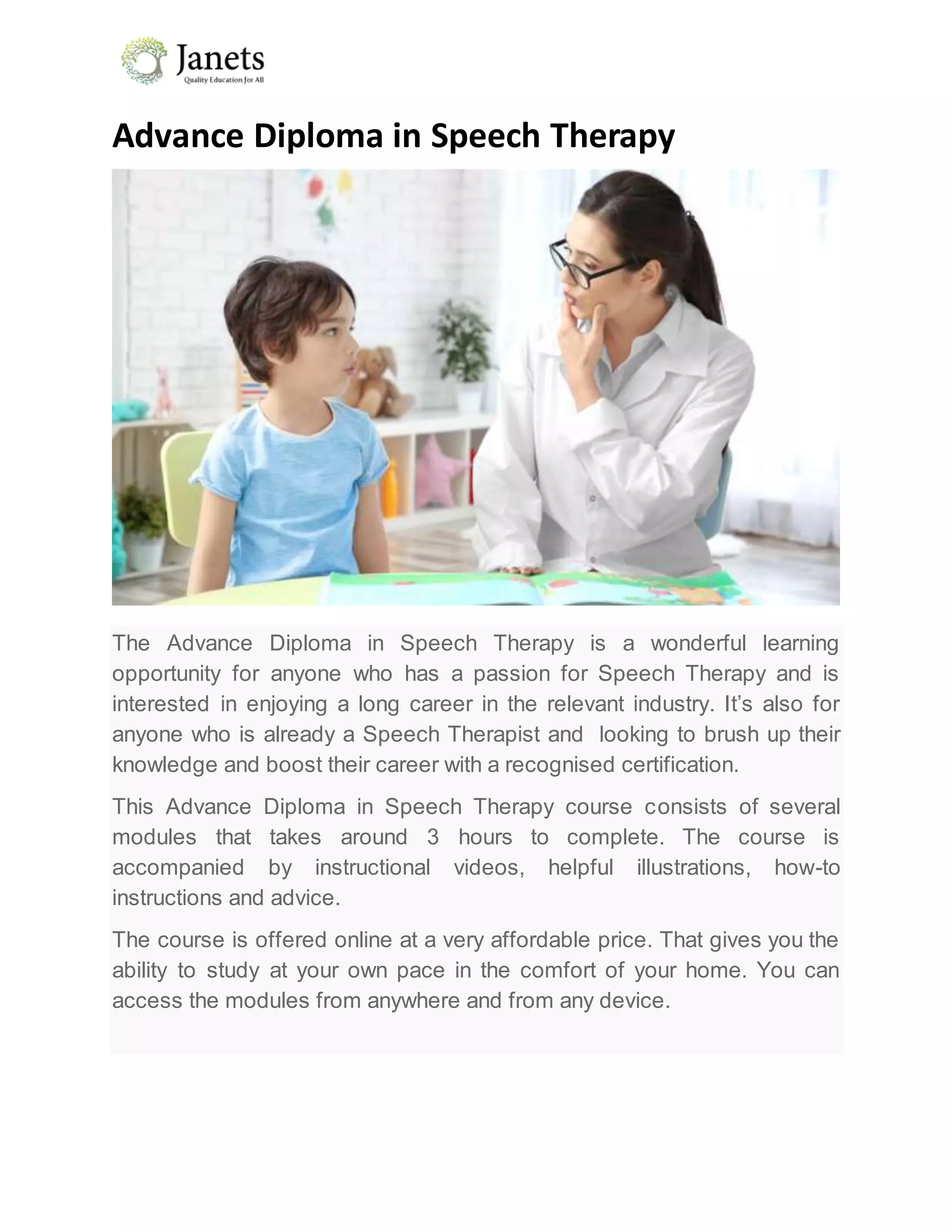 Advance Diploma in Speech Therapy | DOCX