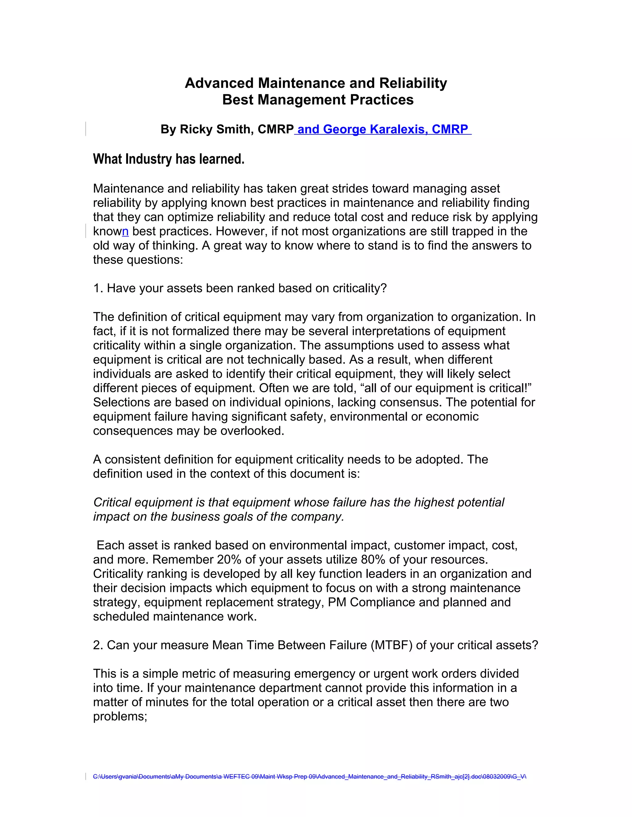 Advanced Maintenance And Reliability (Best Practices in Maintenance and ...