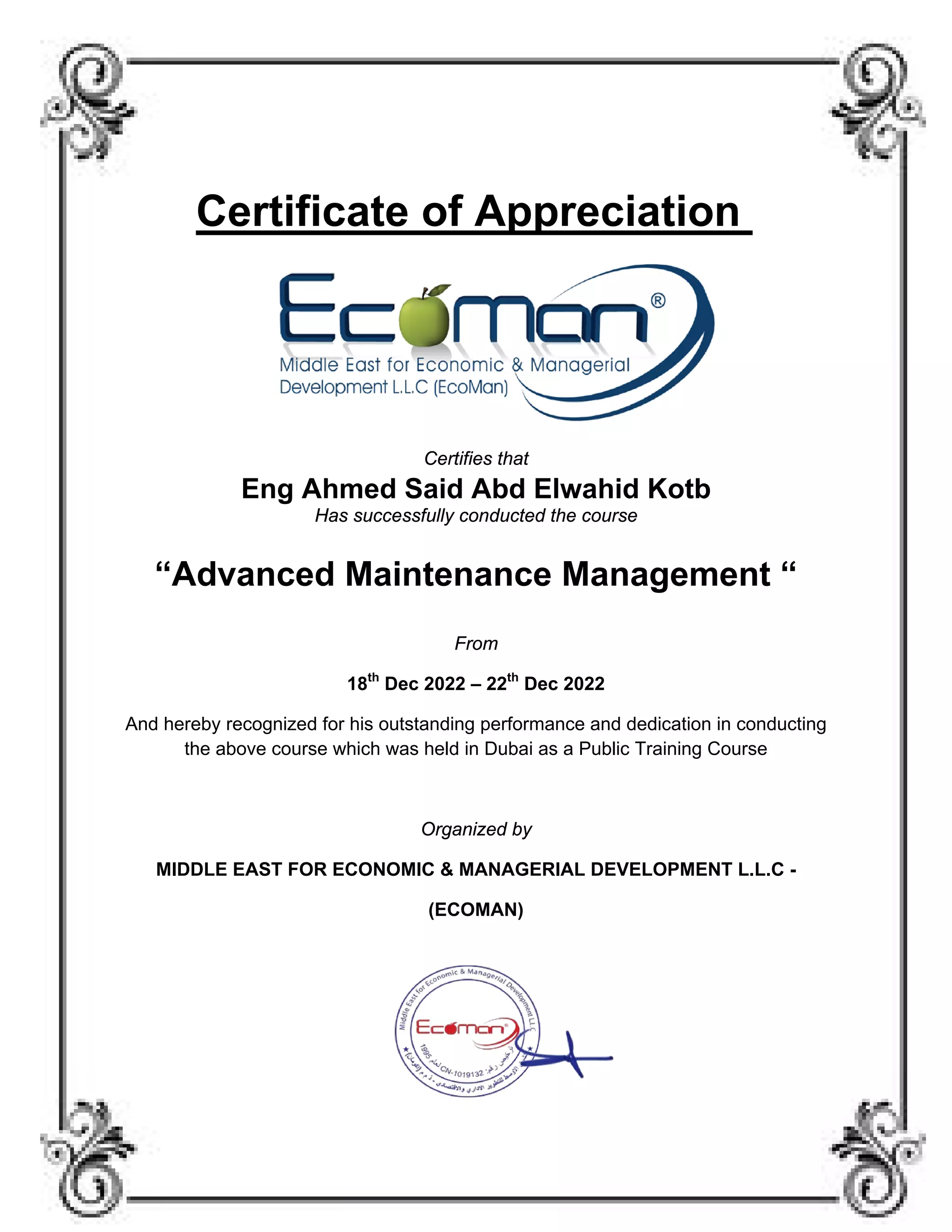 Certificate of Appreciation for conducting the "Advanced Maintenance ...