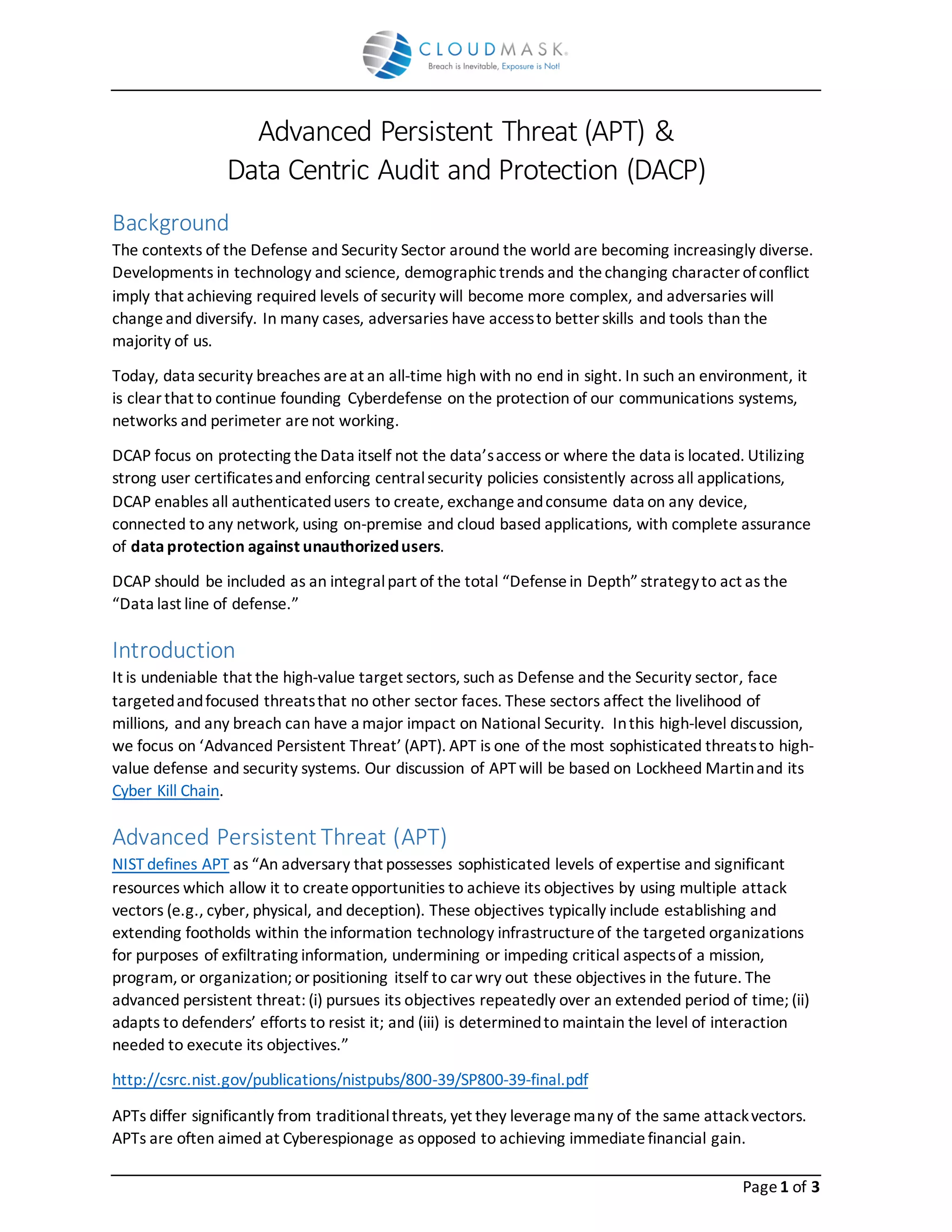Advanced persistent threat (apt) & data centric audit and protection ...