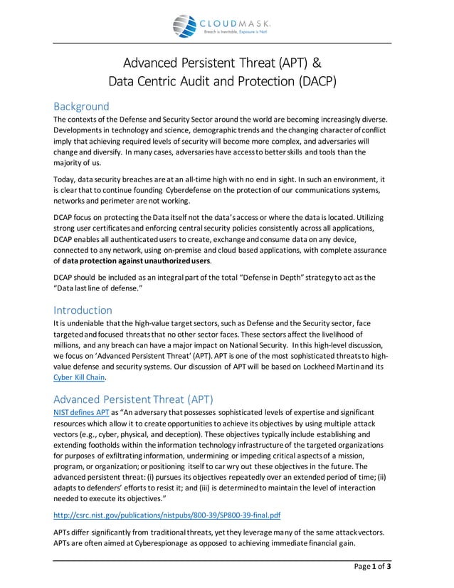 Advanced persistent threat (apt) & data centric audit and protection ...