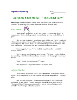 Advanced short stories with questions, the dinner party | PDF