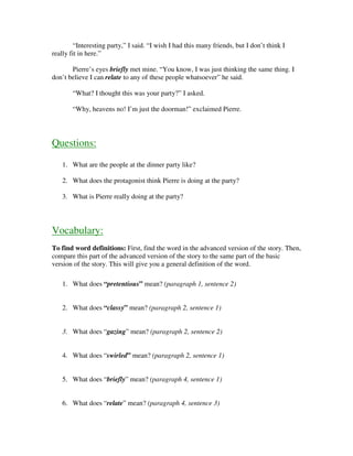 Advanced short stories with questions, the dinner party | PDF