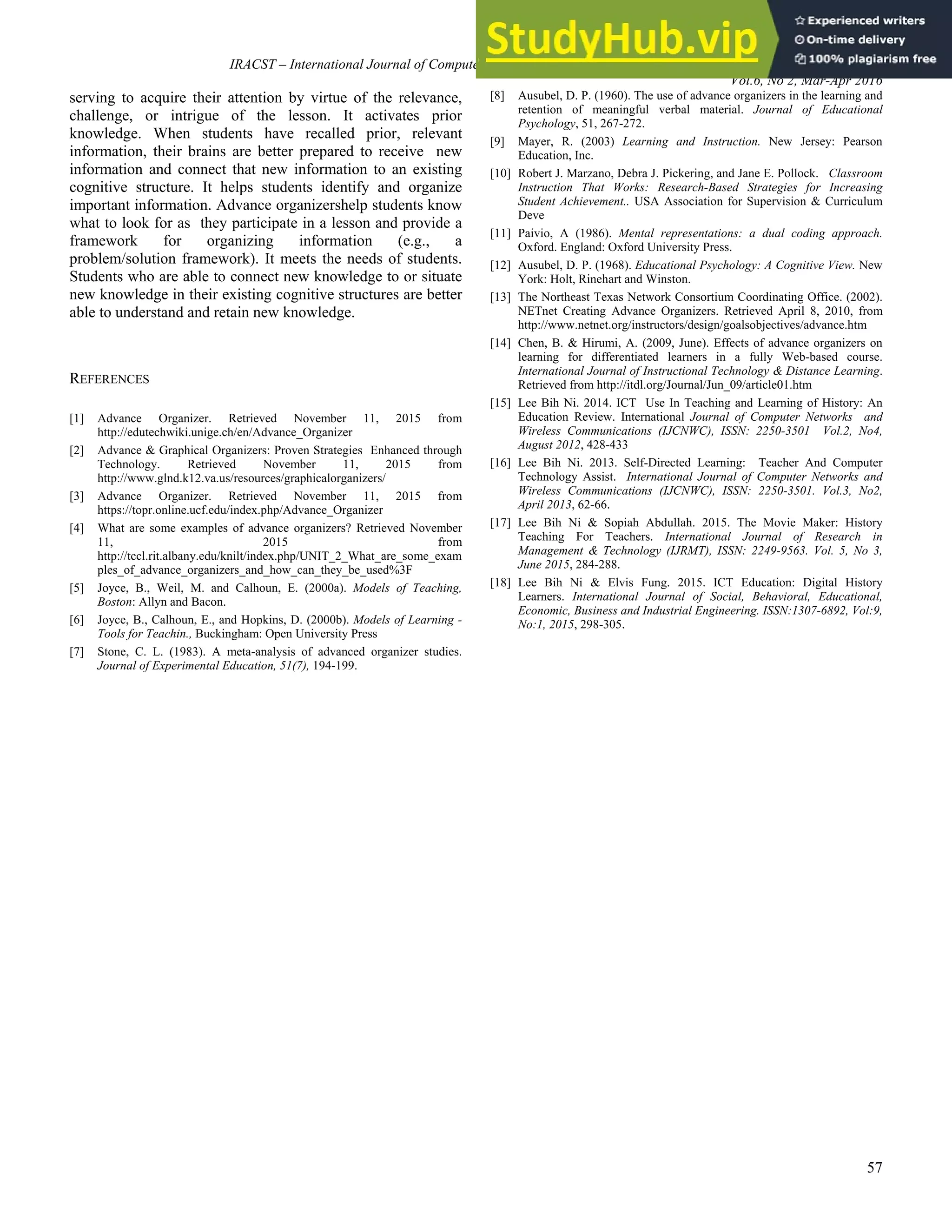 Advance Organizer Cognitive Instructional Strategy | PDF