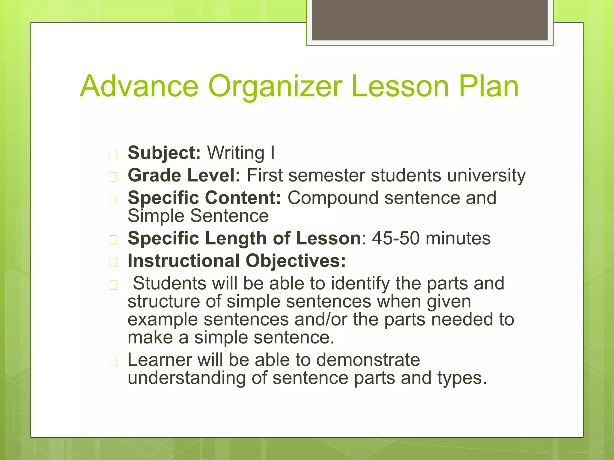 Advance organizer lesson plan | PPTX