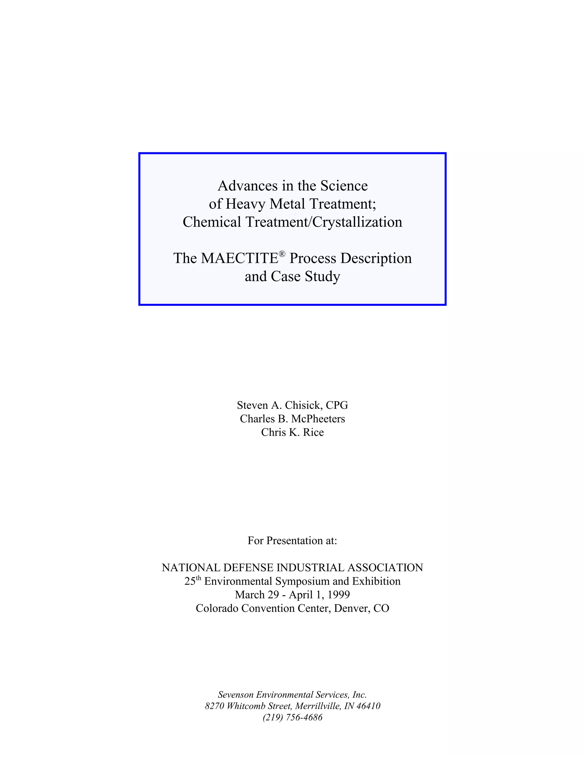 Advances in Heavy Metal Fixation, Chemical Treatment/Crystallization ...