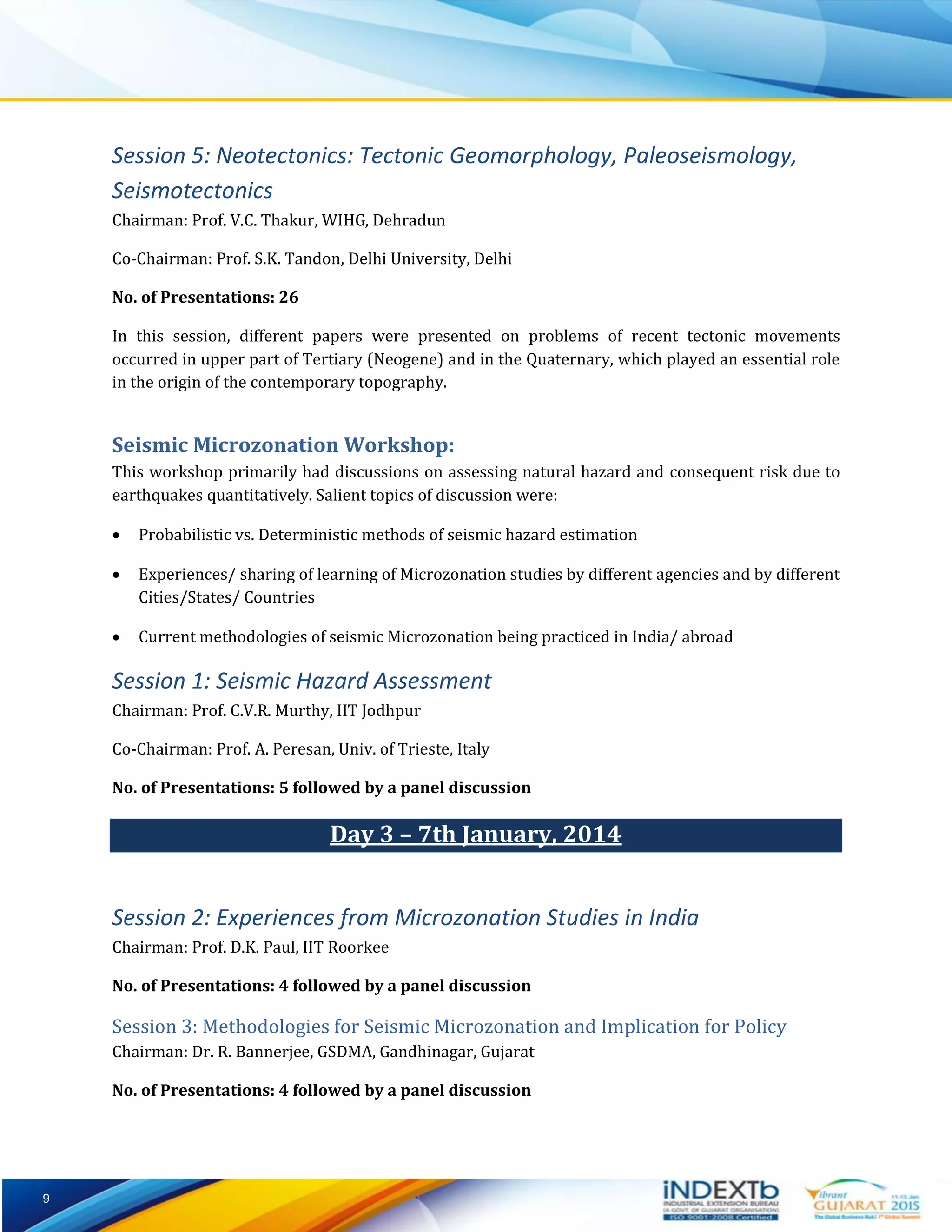 Vibrant Gujarat Summit on Advances in Earthquake Science” and Workshop on Seismic Microzonation ...