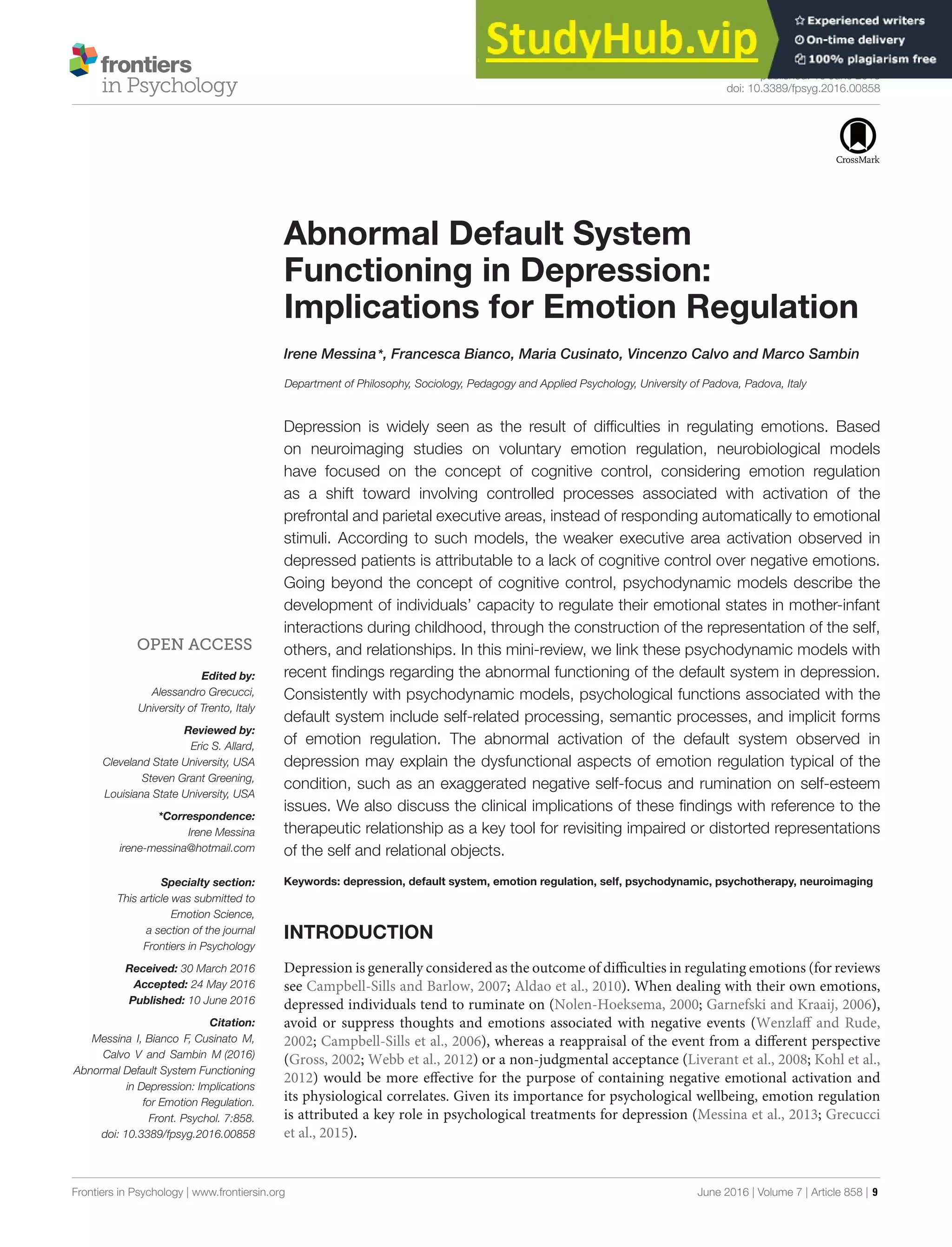 ADVANCES IN EMOTION REGULATION FROM NEUROSCIENCE TO PSYCHOTHERAPY | PDF