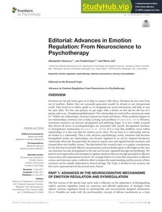 ADVANCES IN EMOTION REGULATION FROM NEUROSCIENCE TO PSYCHOTHERAPY | PDF