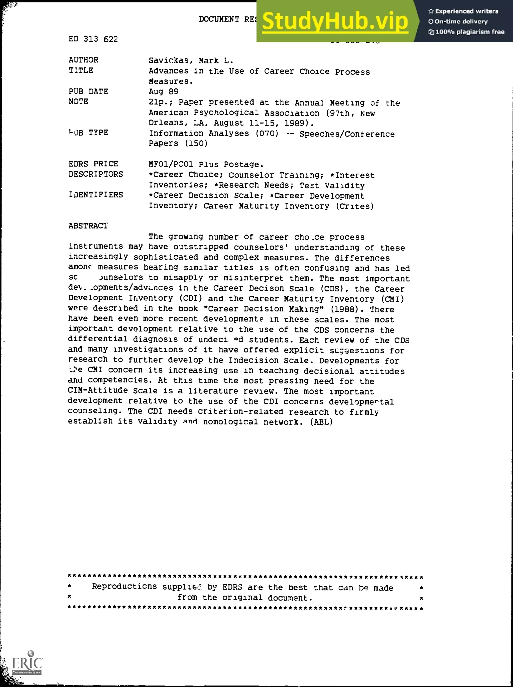 Advances In The Use Of Career Choice Process Measures | PDF