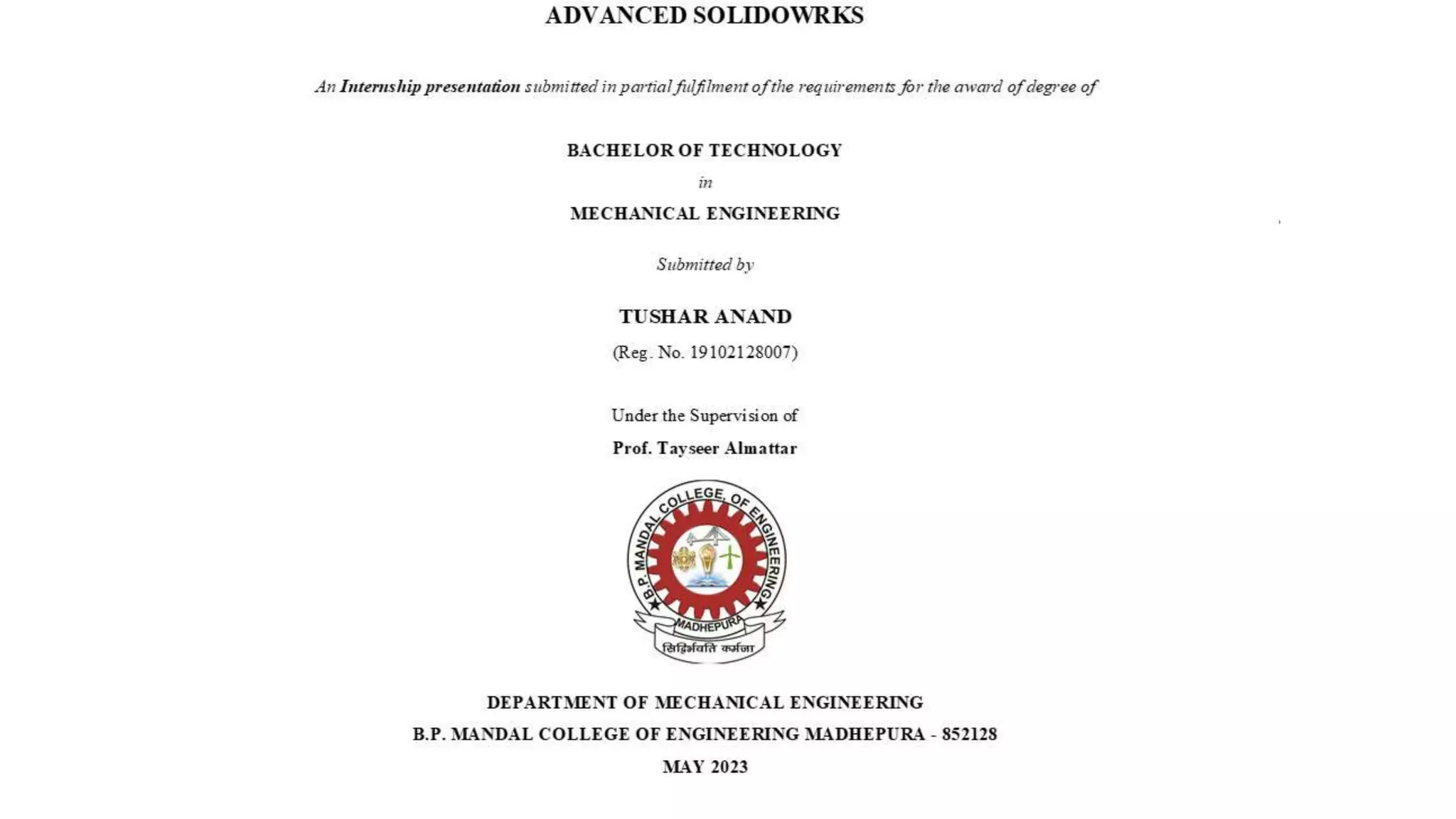 Solidworks Internship Report (advanced) | PPTX