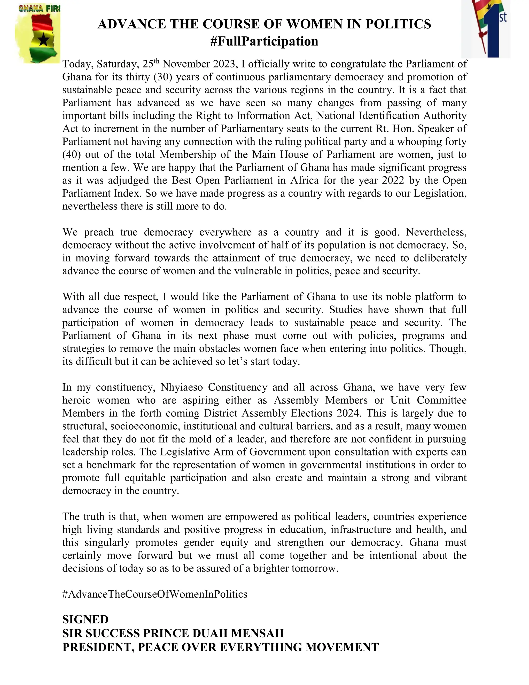 ADVANCE THE COURSE OF WOMEN IN POLITICS- PARLIAMENT OF GHANA- SUCCESS ...