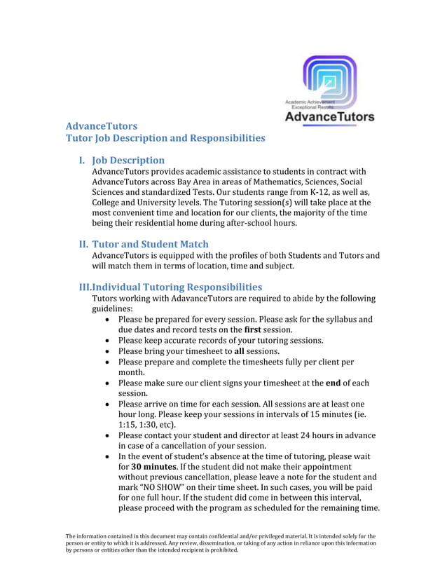 AdvanceTutors-Tutor Job Description | PDF