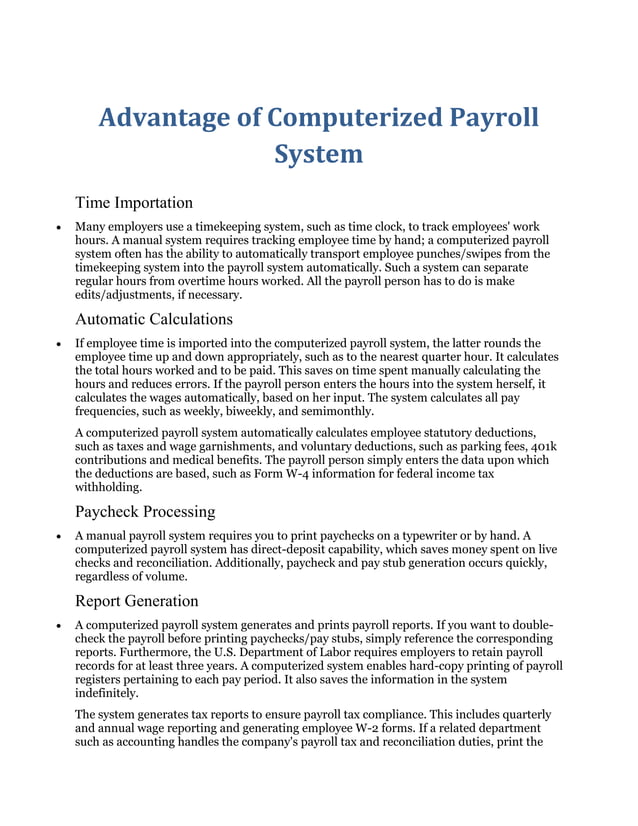 Advantage of computerized payroll system | DOCX | Personal Taxes ...