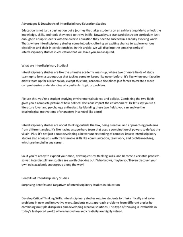 Advantages & Drawbacks of Interdisciplinary Education Studies | PDF