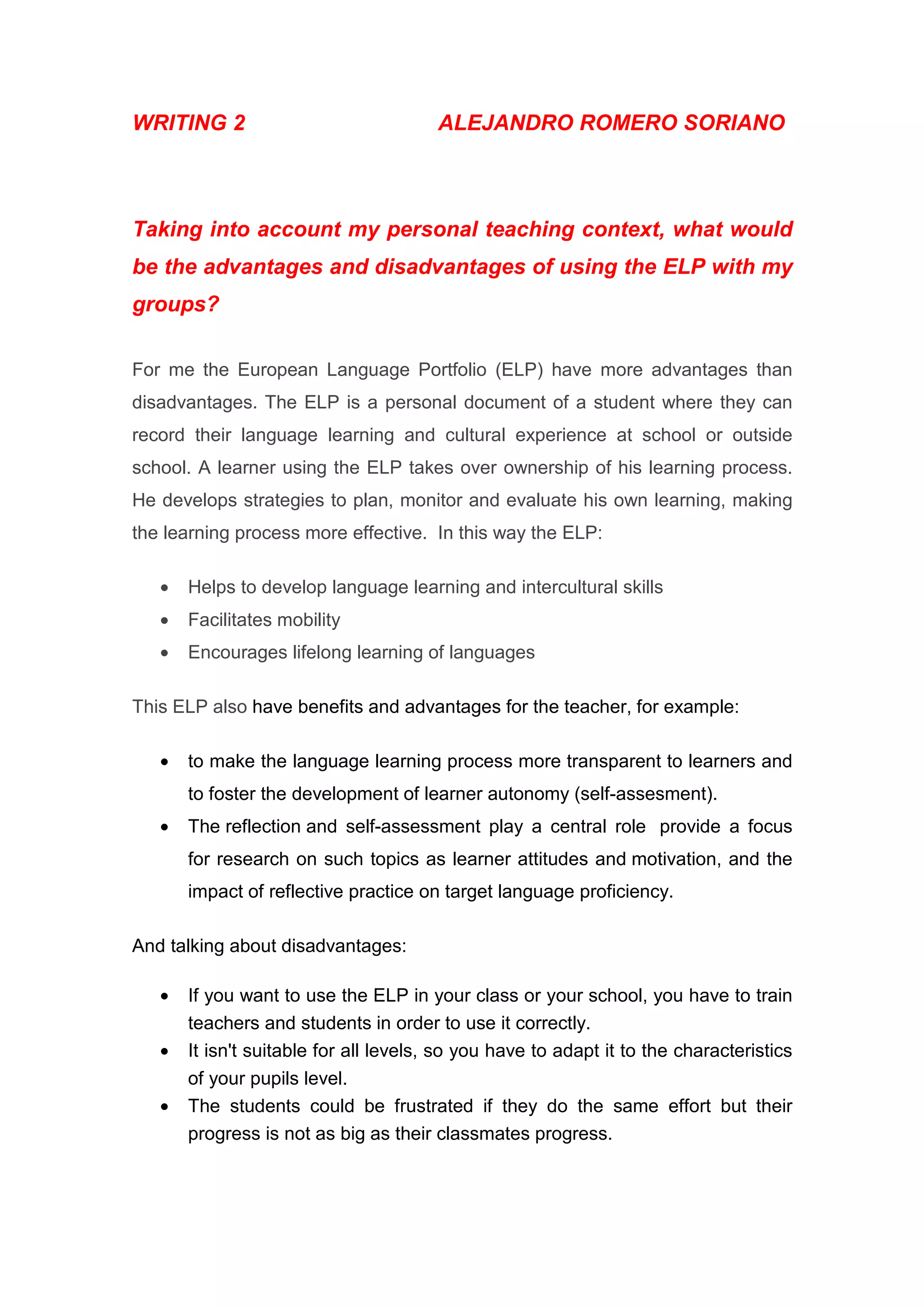 Advantages and disadvantages elp | PDF