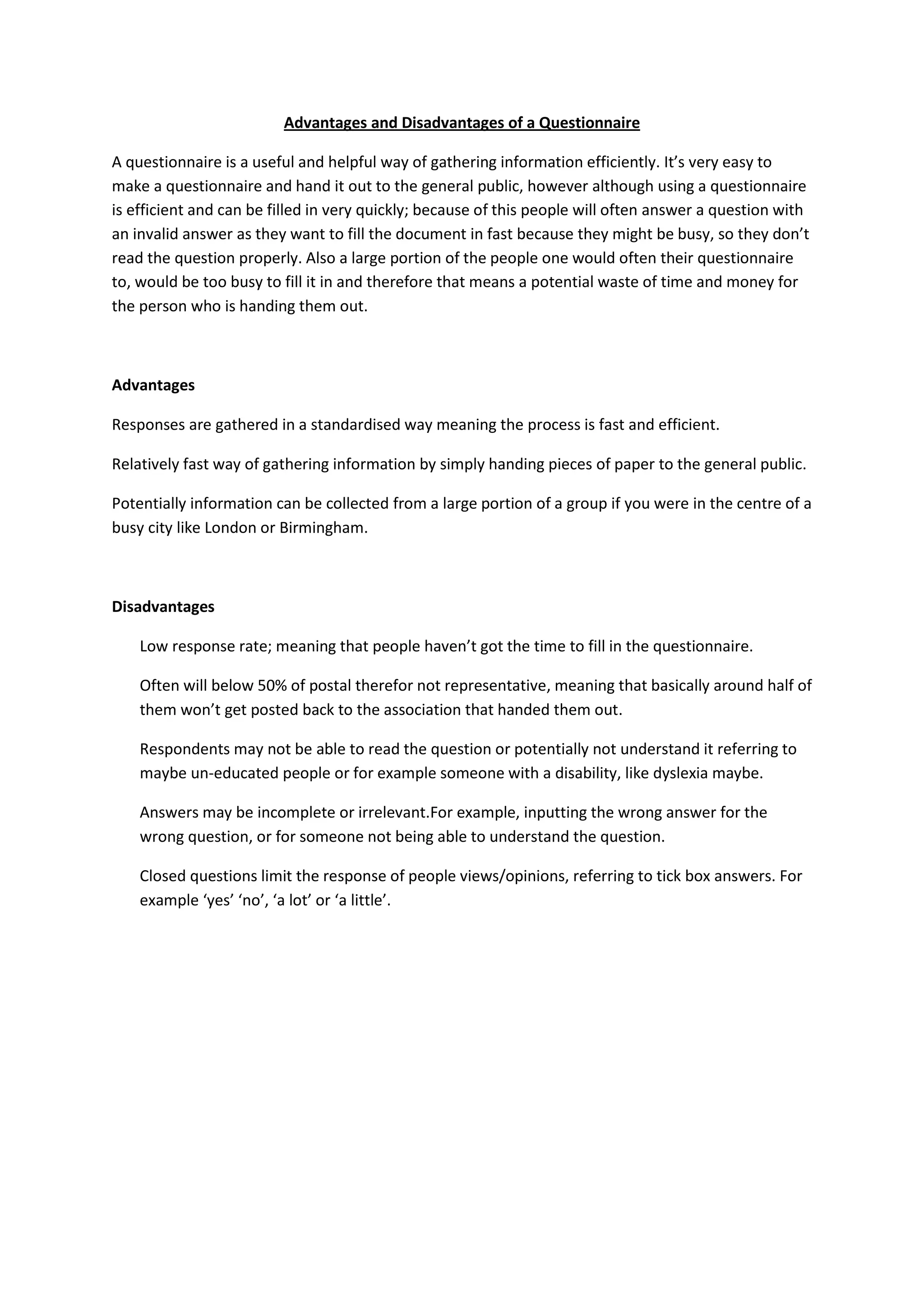 Advantages and disadvantages of a questionnaire | DOCX