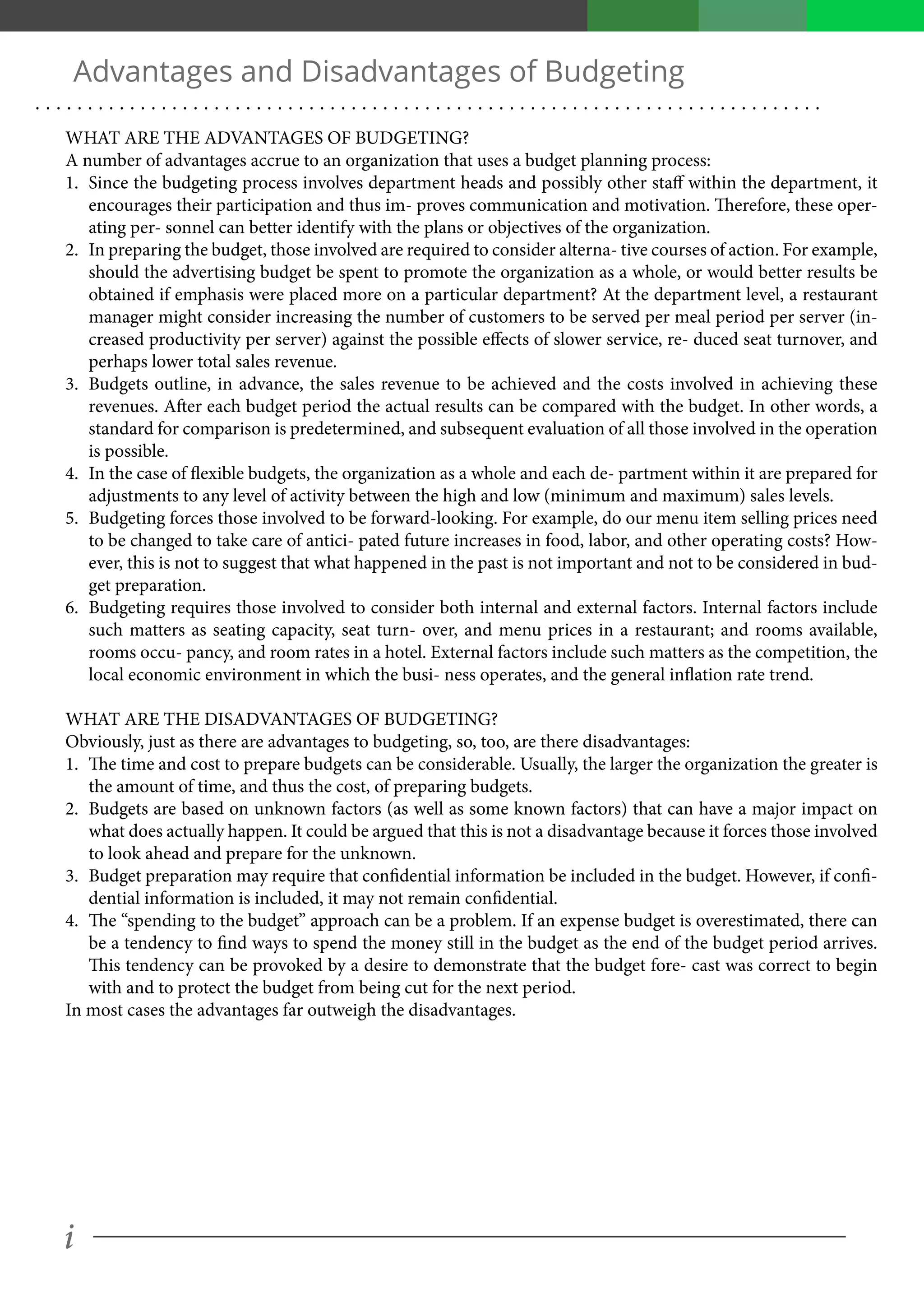 Advantages and disadvantages of budgeting | PDF