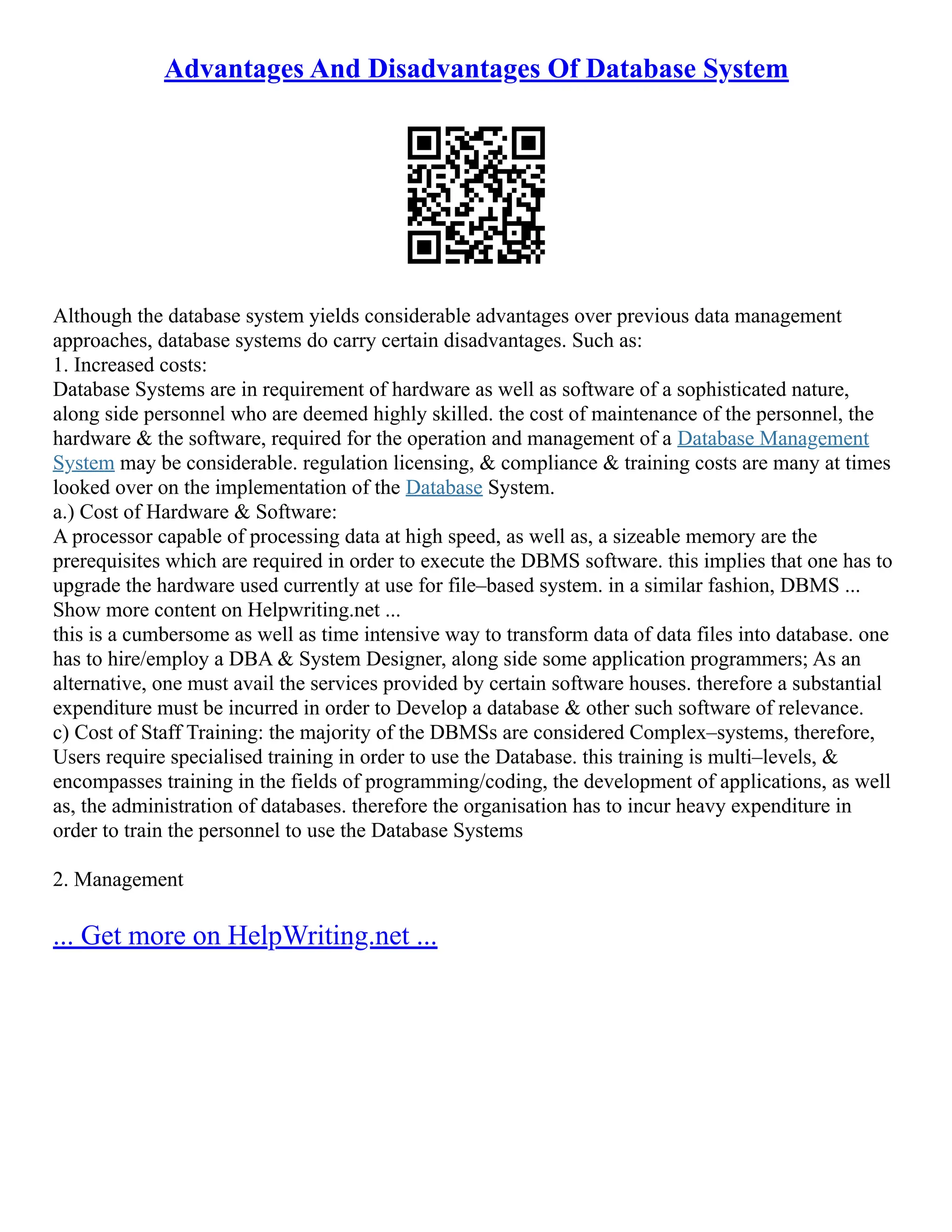 Advantages And Disadvantages Of Database System | PDF