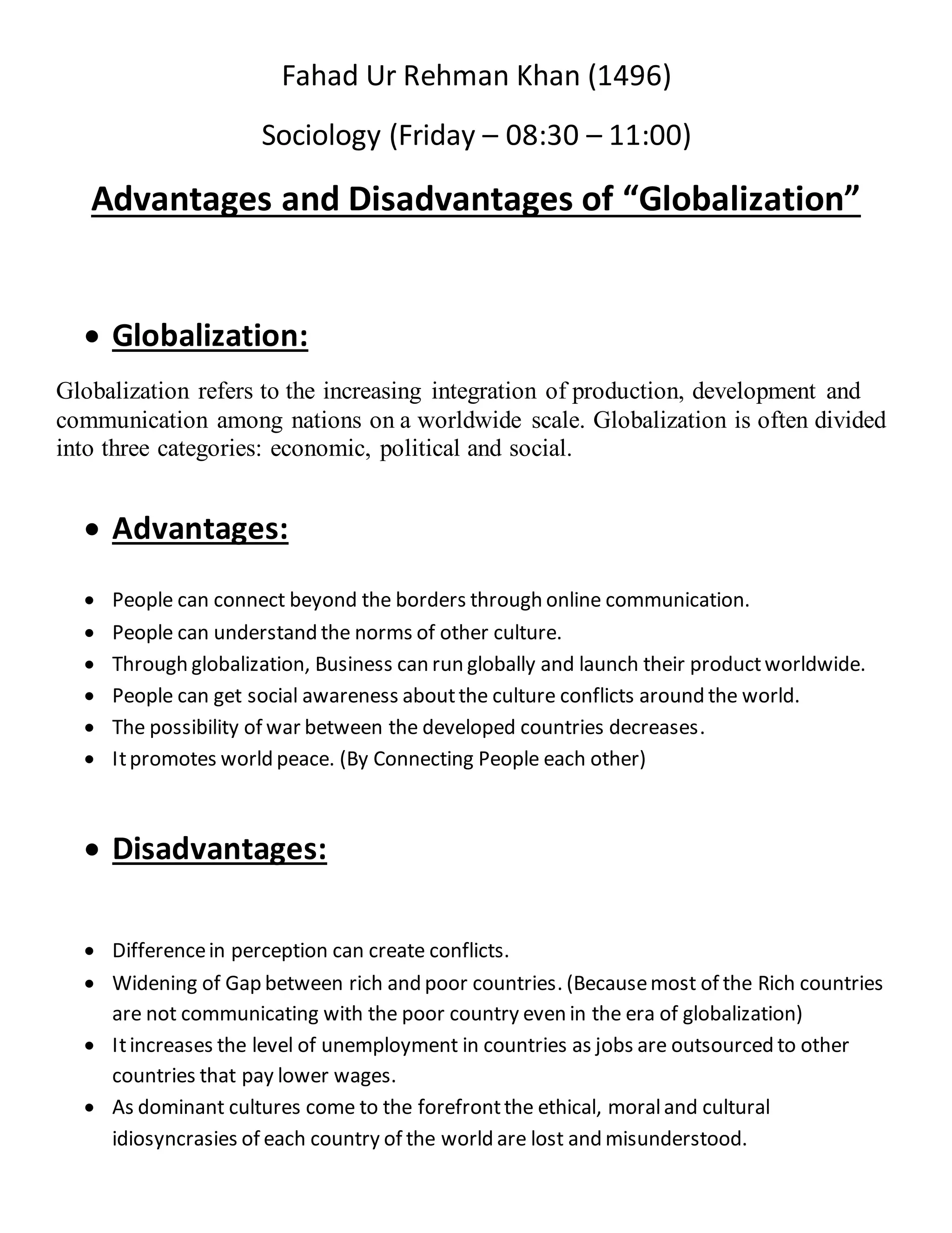 Advantages and disadvantages of globalization | DOCX