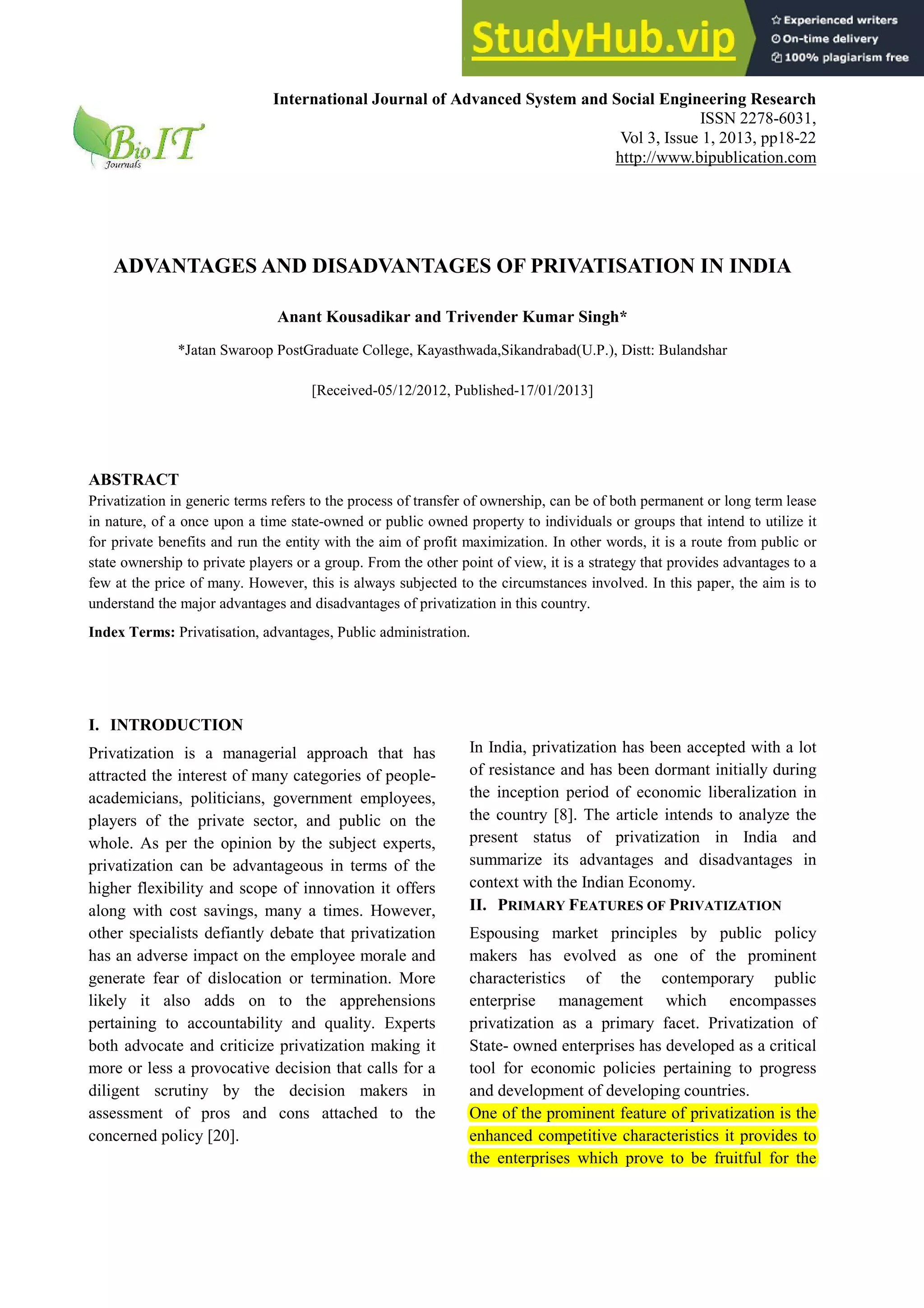 ADVANTAGES AND DISADVANTAGES OF PRIVATISATION IN INDIA | PDF