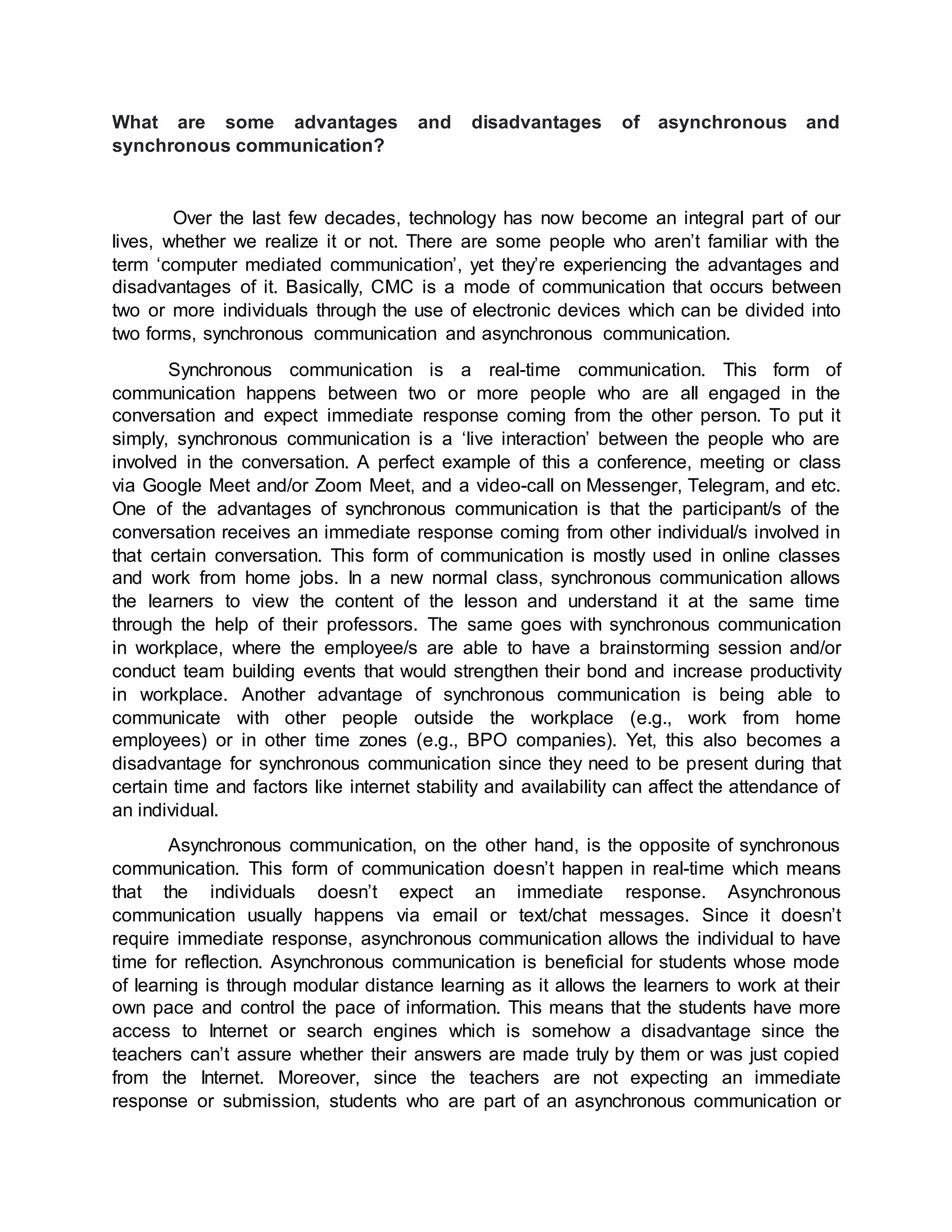 Advantages And Disadvantages Of Synchronous And Asynchronous Communication Pdf