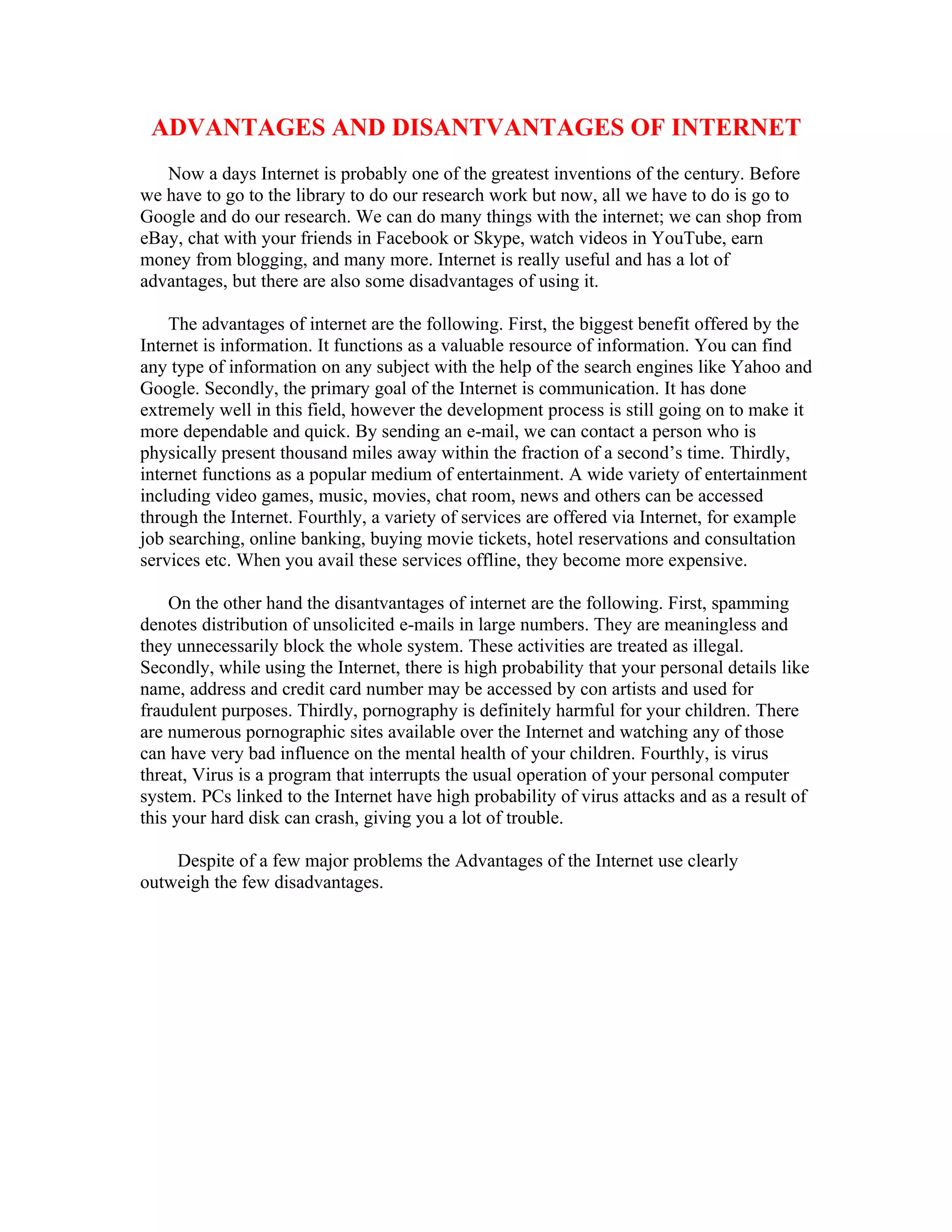 Advantages and disantvantages of internet | DOC