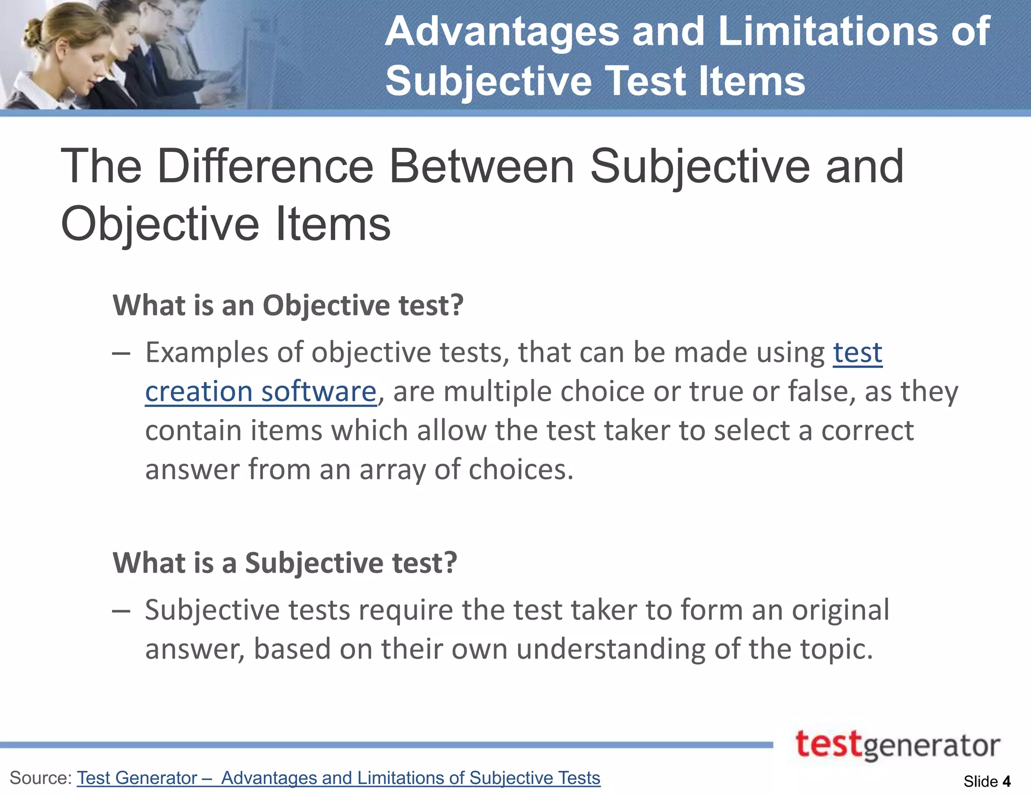 Advantages and limitations of subjective test items | PPTX