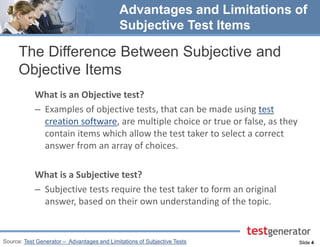 Advantages and limitations of subjective test items | PPT