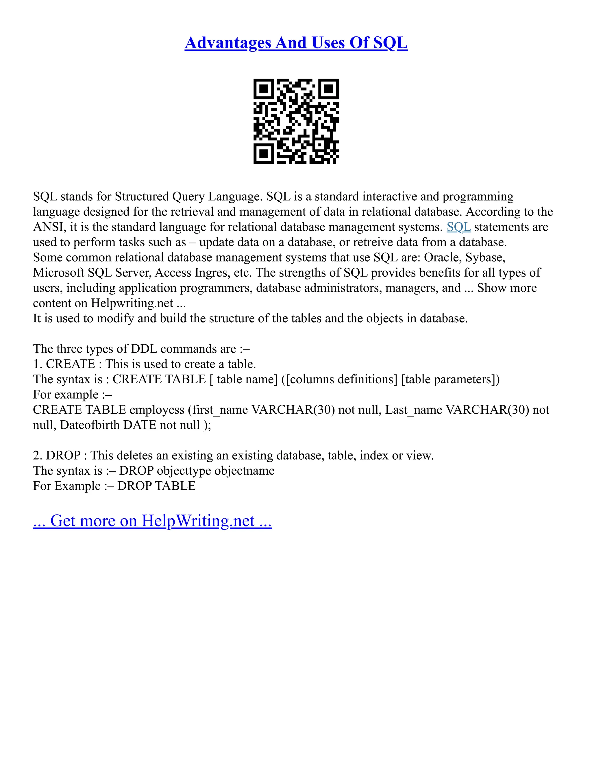 Advantages And Uses Of SQL | PDF