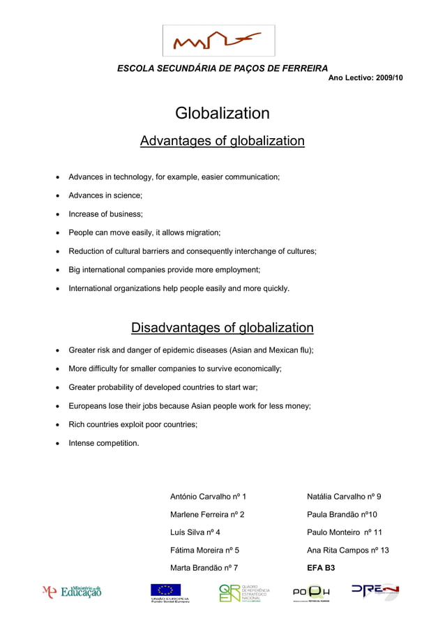Advantages Disadvantages Globalization Advantages Disadvantages Globalization