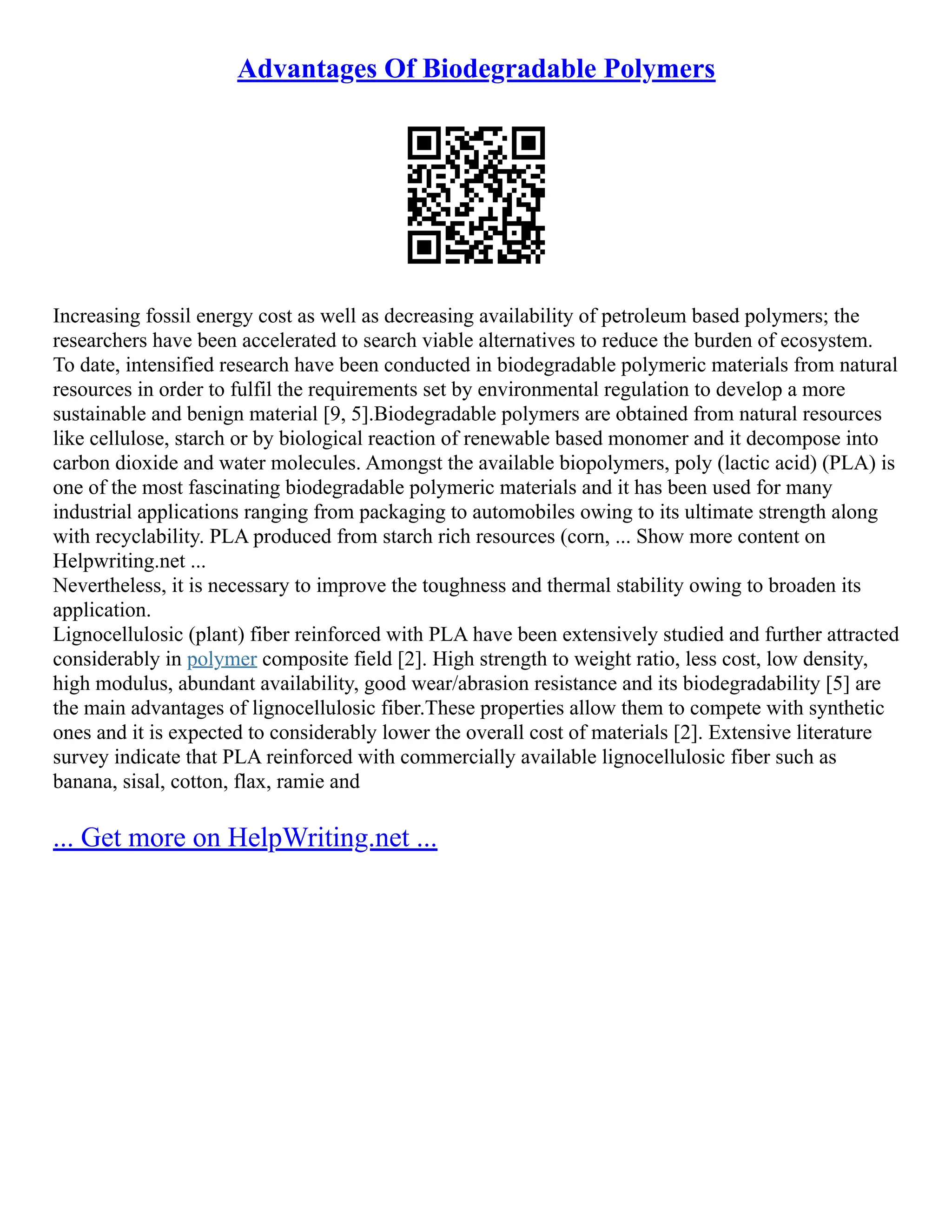 Advantages Of Biodegradable Polymers | PDF | Chemistry | Science