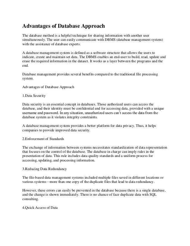 Advantages of Database Approach The Farber Consulting Group, Inc | PDF