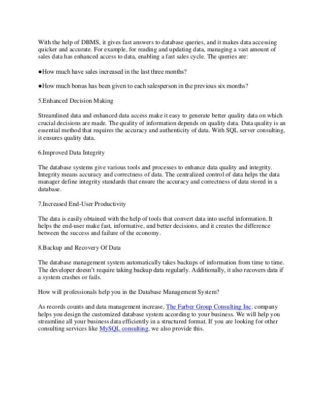 Advantages of Database Approach The Farber Consulting Group, Inc | PDF